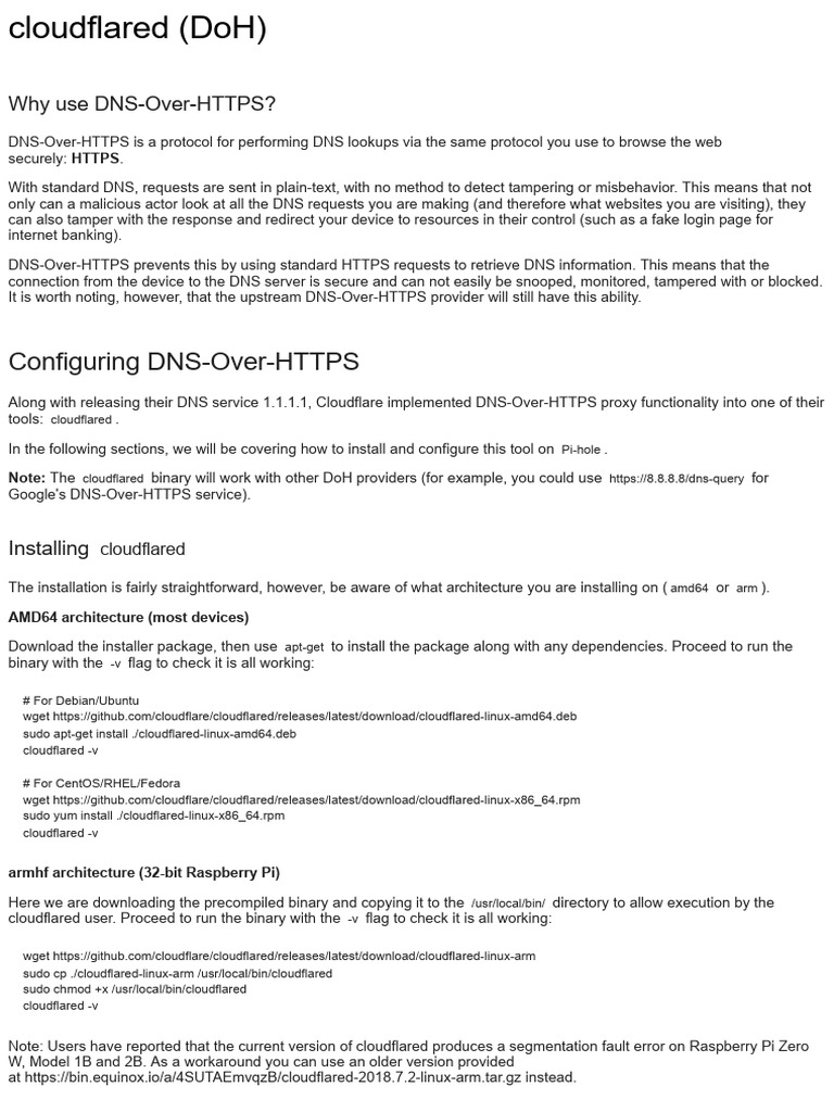 Cloudflared (DoH) - Pi-Hole Documentation | PDF | Computer Architecture | System Software