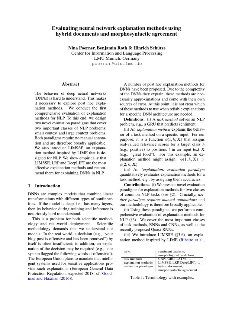 Evaluating Neural Network Explanation Methods Using Hybrid Documents and Morphosyntactic ...