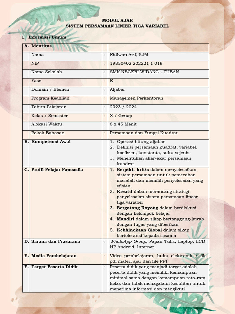 Modul Ajar Persamaan Kuadrat Kelas X - Berdiferensiasi Lengkap | PDF Modul Ajar Persamaan Kuadrat Kelas X - Berdiferensiasi Lengkap | PDF