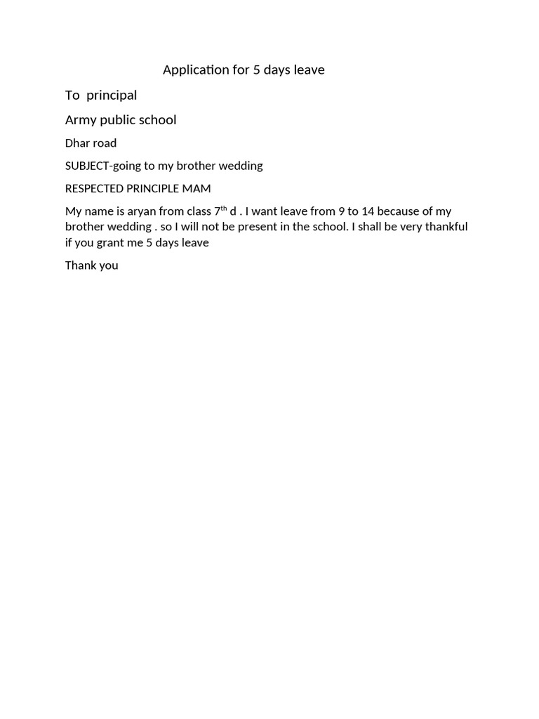 Application for 5 Days Leave for Wedding | PDF