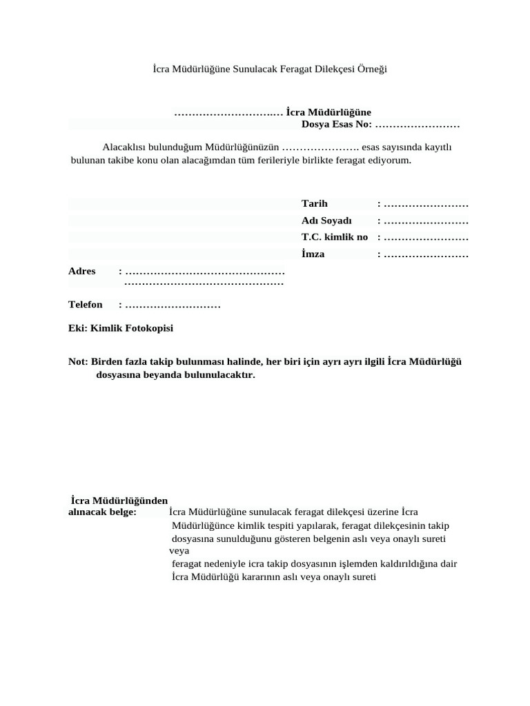 Icra Mudurlugune Sunulacak Feragat Dilekcesi Ornegi | PDF