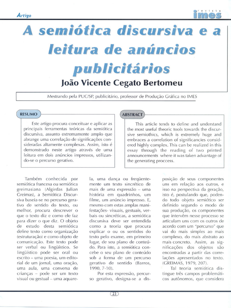 BERTOMEU, João Vicente Cegato. A Semiótica Discursiva e A Leitura de ...