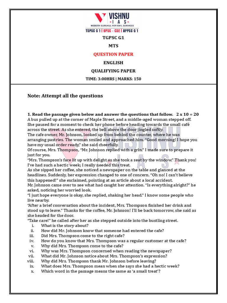 TG G1 Full Length Test 07 English Qualifying QNS Paper 30986100 | PDF ...