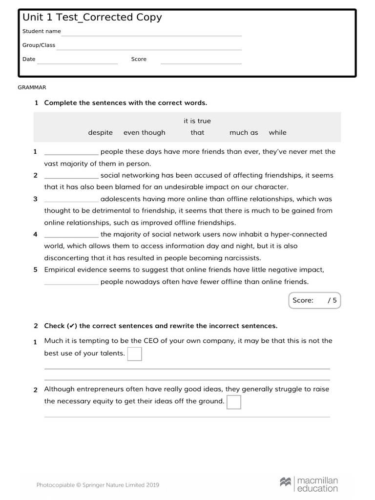 Unit 1 Test: Grammar and Vocabulary Assessment | PDF | Social Media ...