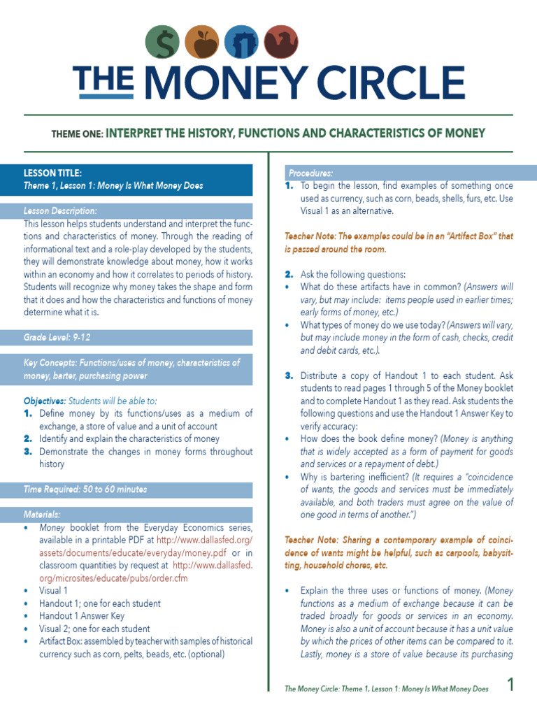 Money Circle Theme 1 Lesson 1 | PDF | Money | Medium Of Exchange