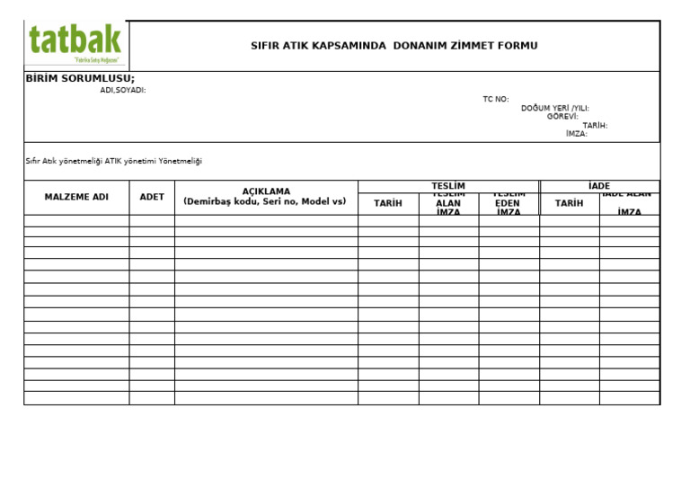 Sfır Atık Çevre Zimmet Formu | PDF