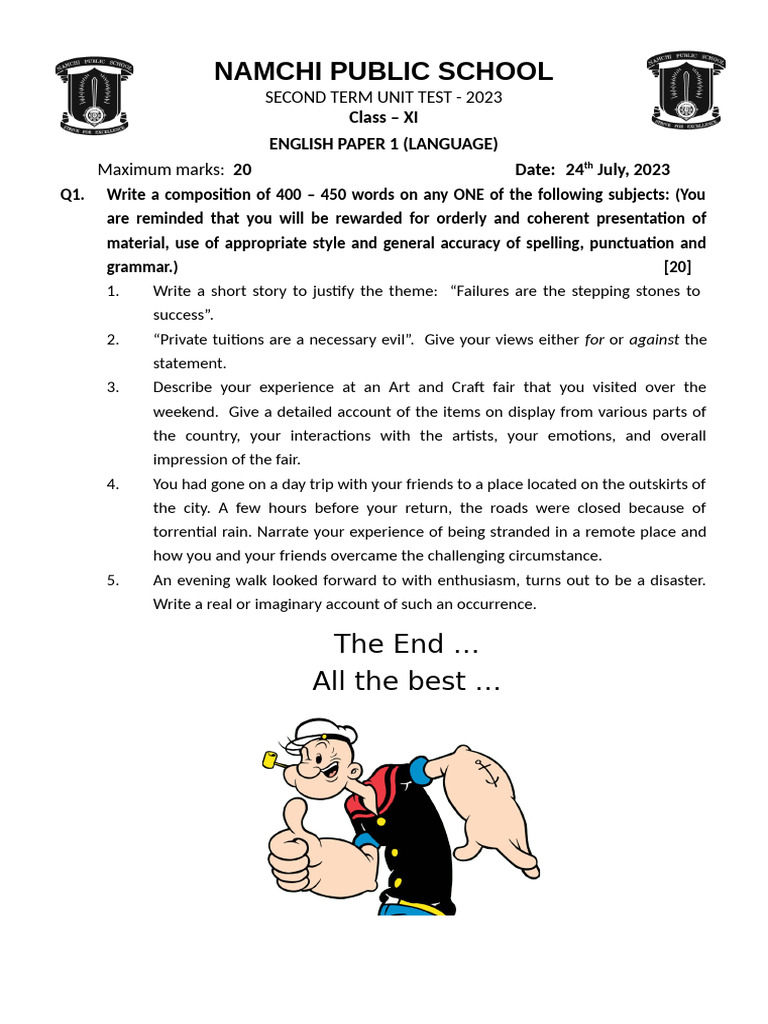 Class 11 English Language Second Term Unit Test 2023 | PDF | General ...
