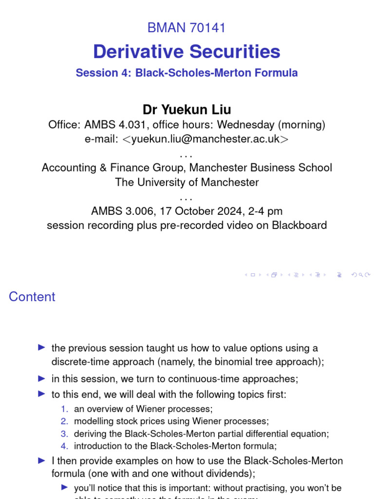 DerivativeSecurities Session4 Slides | PDF | Black–Scholes Model | Option (Finance)
