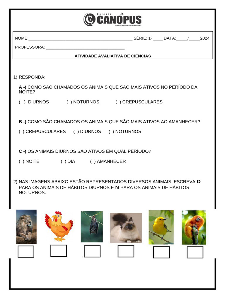 Atividades sobre Animais Diurnos e Noturnos | PDF