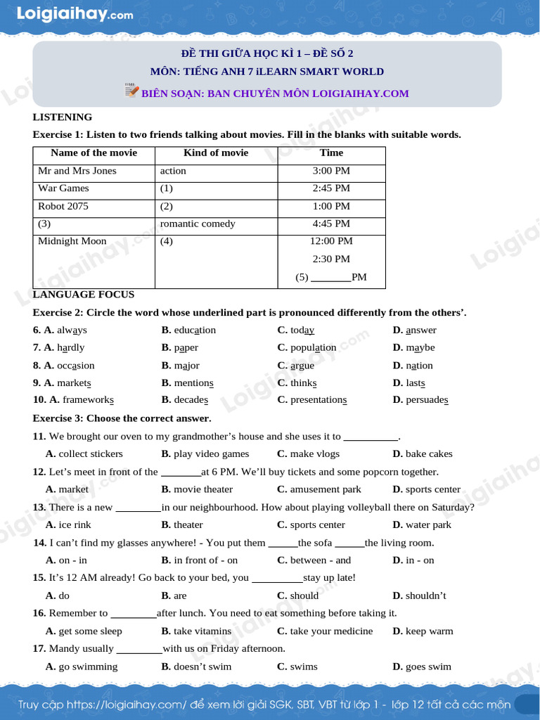 De Thi Giua Ki 1 Tieng Anh 7 Ilearn Smart World de So 2 1664963996 | PDF