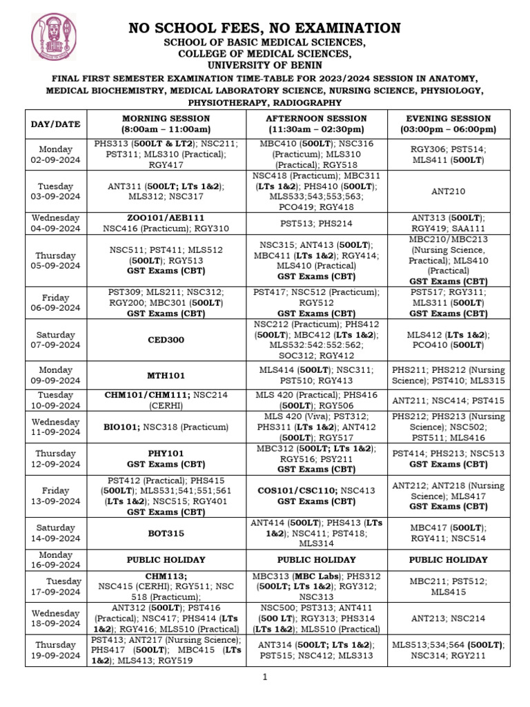 Final First Semester SBMS 23 - 24 Exam Time-Table - 26 - 08 - 2024 | PDF | Medicine | Health Care