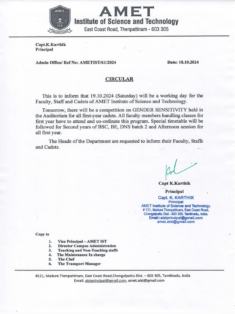 Circular - Working Day (19.10.2024) | PDF