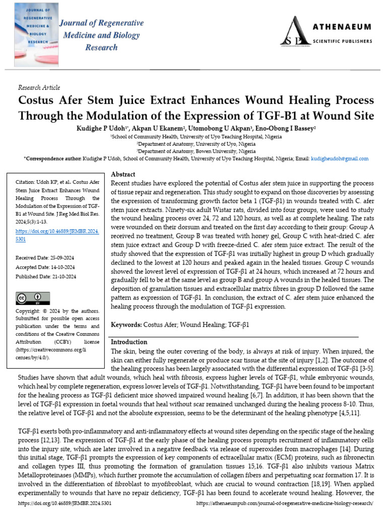 Costus Afer Stem Juice Extract Enhances Wound Healing Process Through ...