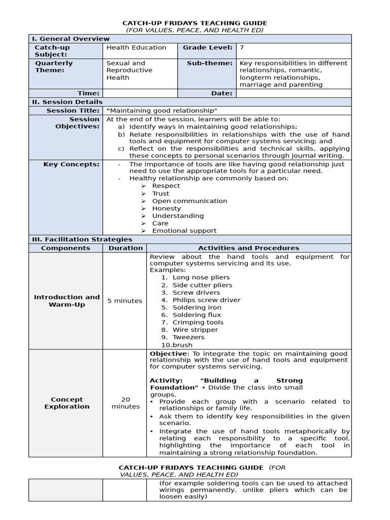 Teaching Guide Catchup Template Health Grade7 TLE | PDF | Tools