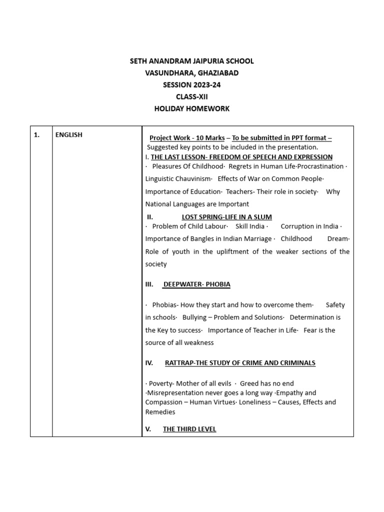 Class XII Holiday Homework Guide | PDF | Worksheet | Citation