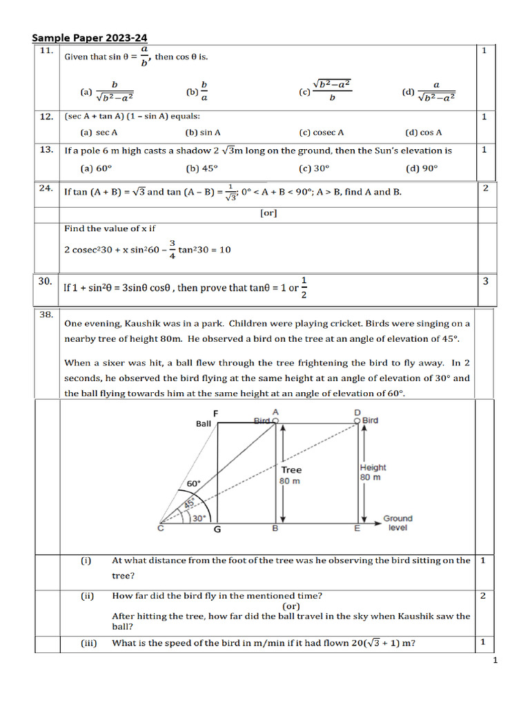 Trigonometry Sample Paper & Board Questions | PDF