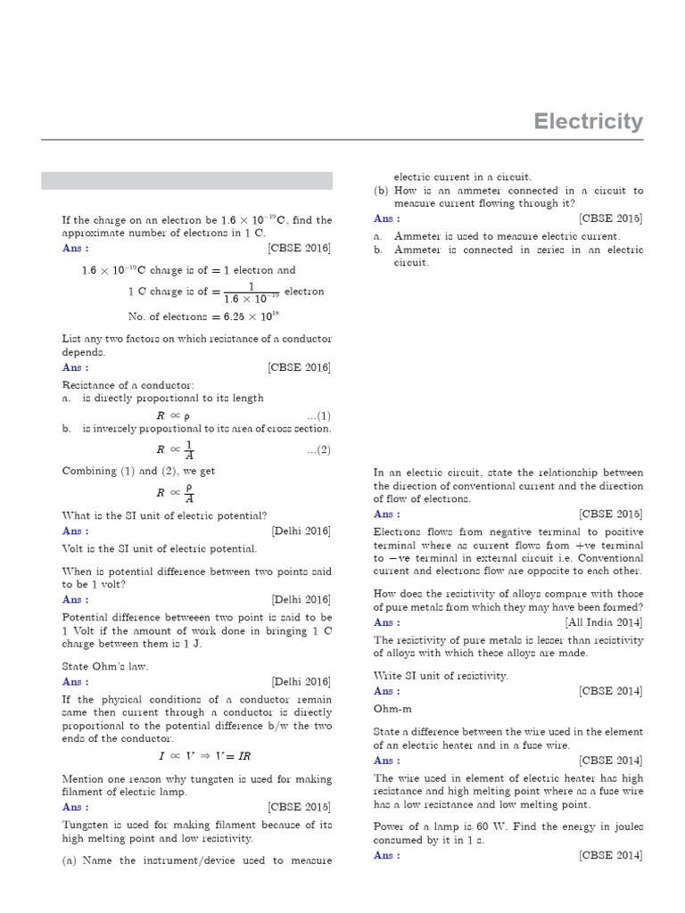 Electricity Pyq | PDF | Electrical Resistance And Conductance ...