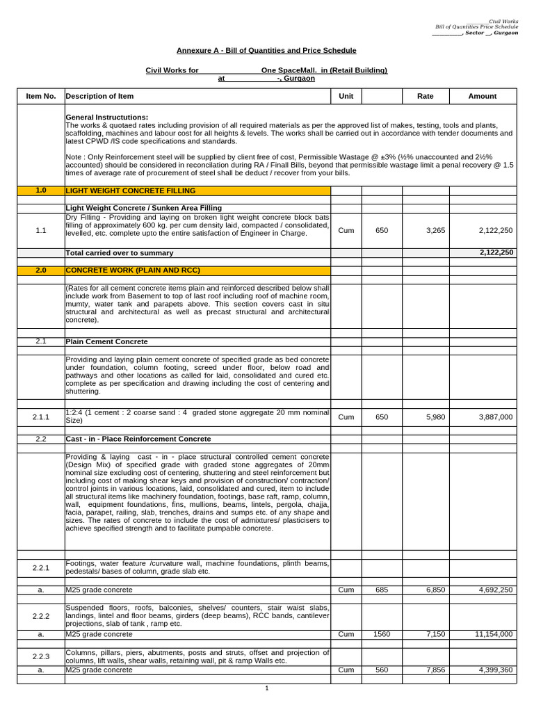 Bill of Quantities & Price Schedule - Back of House | PDF | Concrete ...