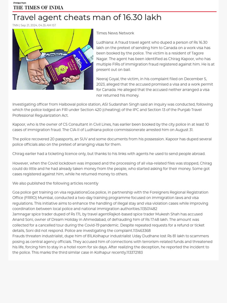 Travel Agent Cheats Man of 16.30 Lakh - Times of India | PDF | Travel ...