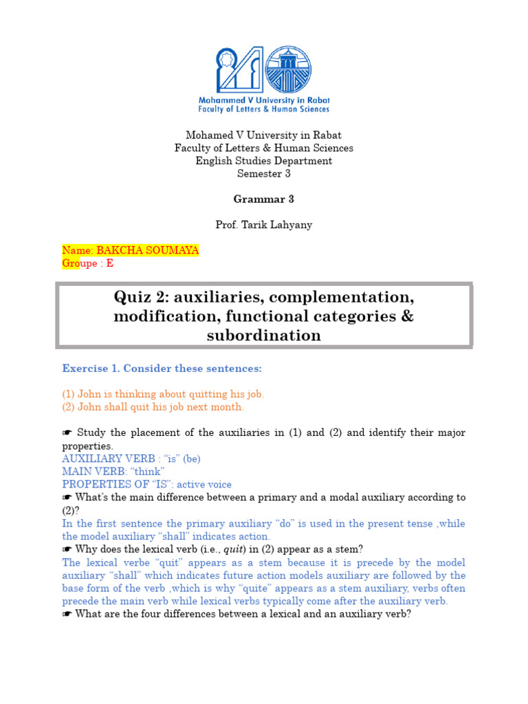 Quiz 2 | PDF | Verb | Subject (Grammar)