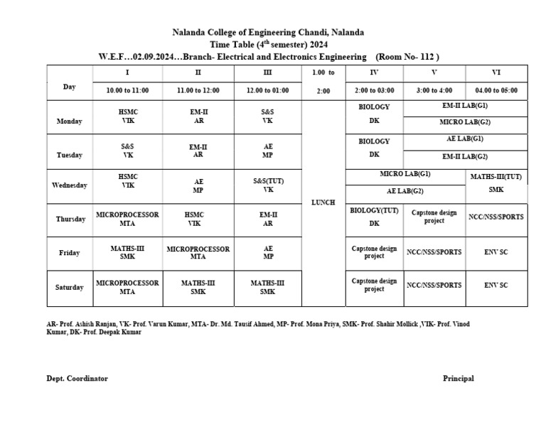 4th Sem - EEE. TIME TABLE (2k22 Batch) | PDF