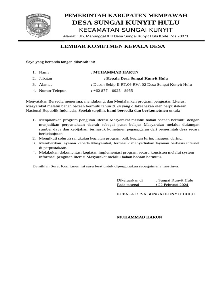 Surat Komitmen Kepala Desa | PDF | Ilmu Sosial