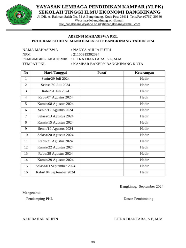 Absensi PKL Nadya | PDF