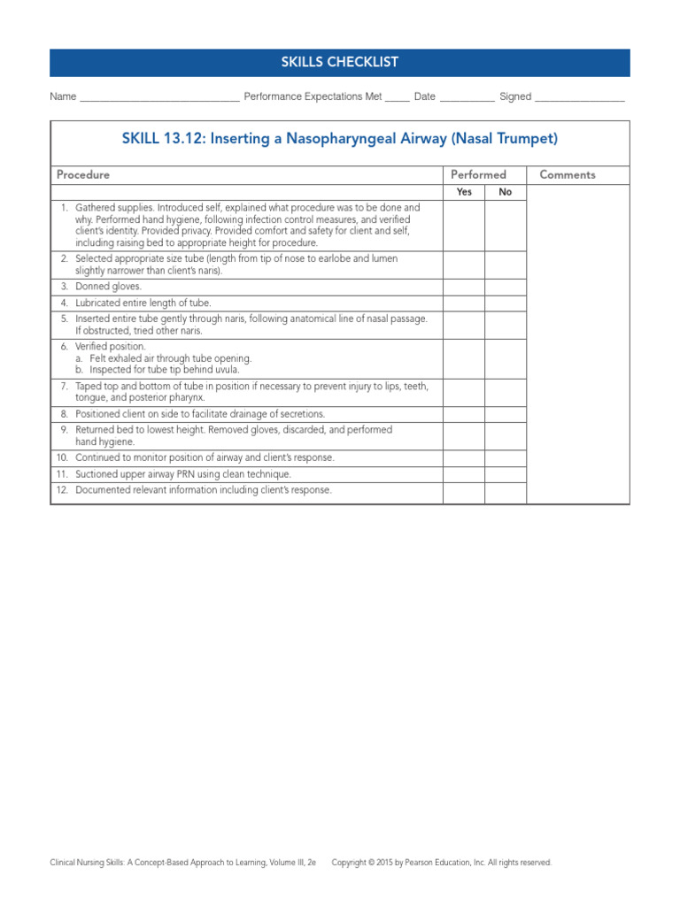 SKILL 13.12: Inserting A Nasopharyngeal Airway (Nasal Trumpet) | PDF