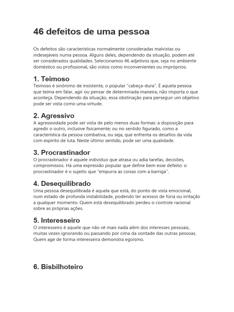 46 Defeitos e 48 Qualidades de Uma Pessoa | PDF | Ciúmes | Empatia