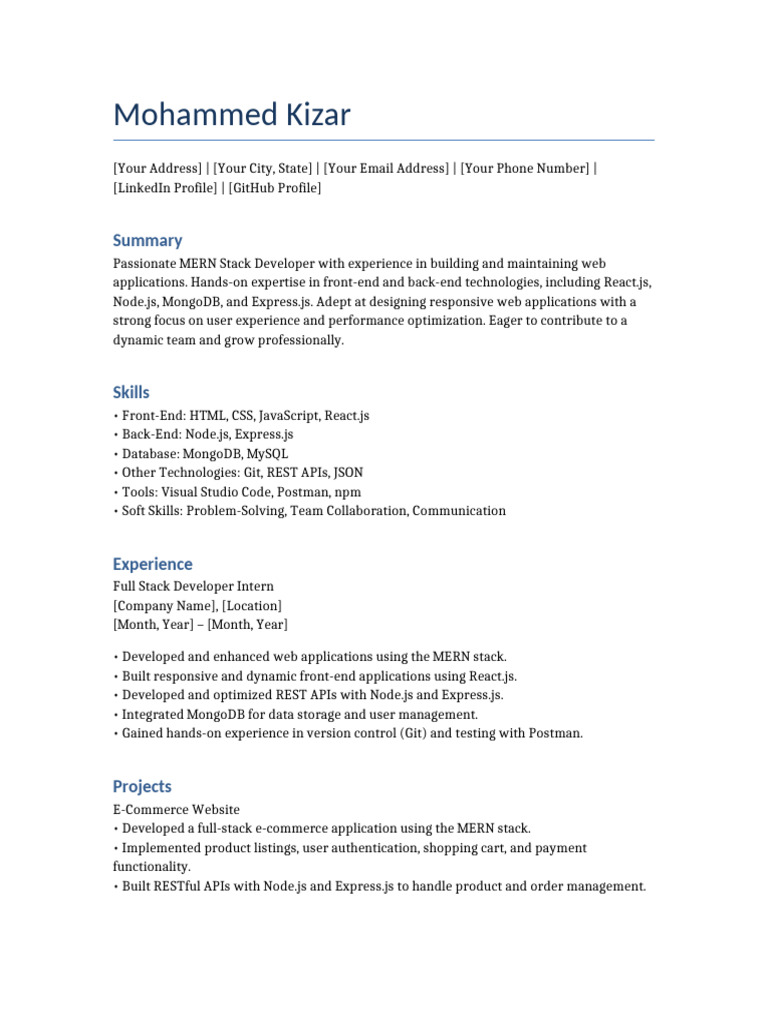 Mohammed_Kizar_MERN_Stack_Developer_Resume_ATS_Friendly | PDF