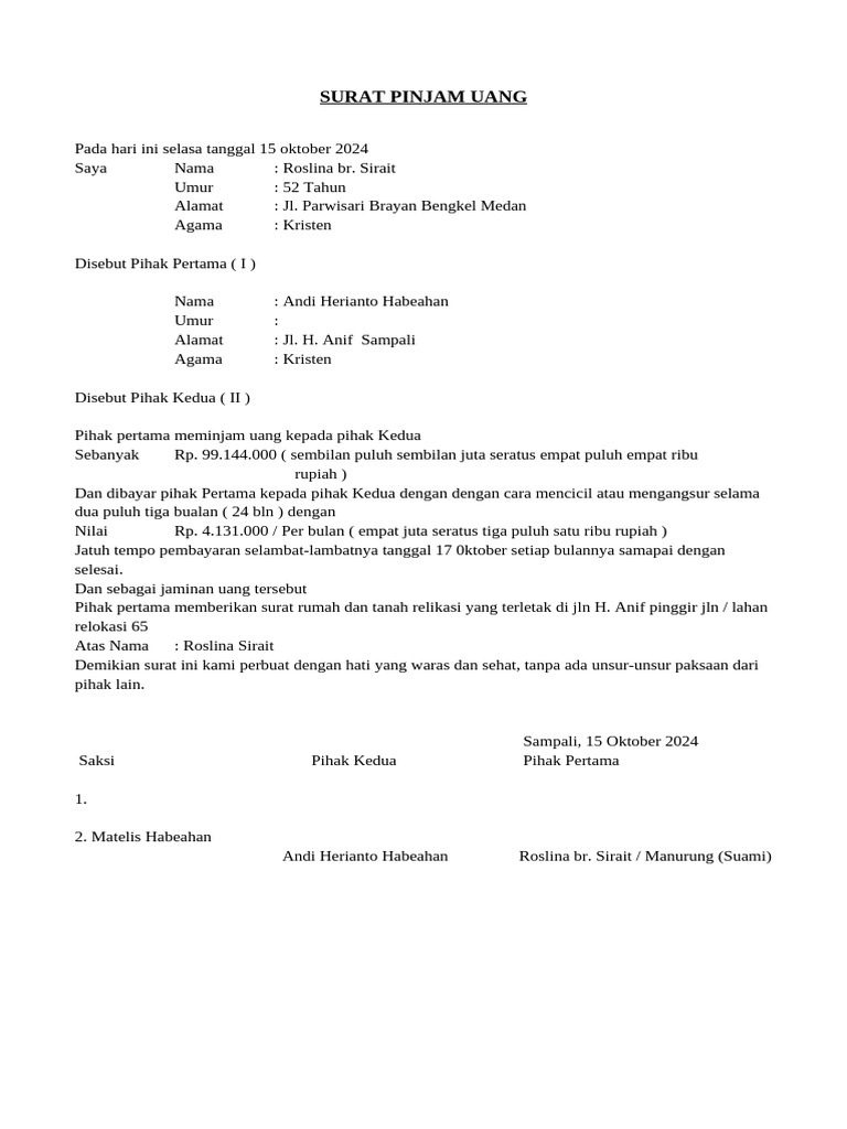 Surat Pinjam Uang | PDF
