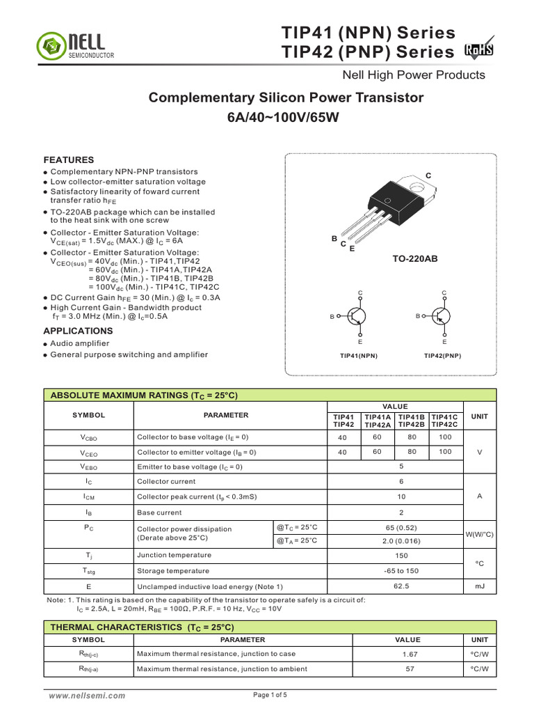TIP42 | PDF | Bipolar Junction Transistor | Electromagnetism