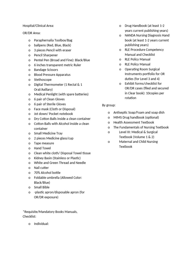Nursing Paraphernalia Checklist | PDF | Medical Specialties | Medicine