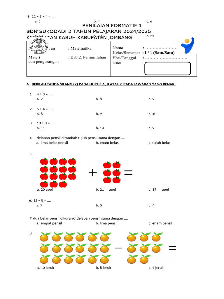 Soal Matematika Kelas 1 SD Bab 2 Penjumlahan Dan Pengurangan Dan Kunci ...