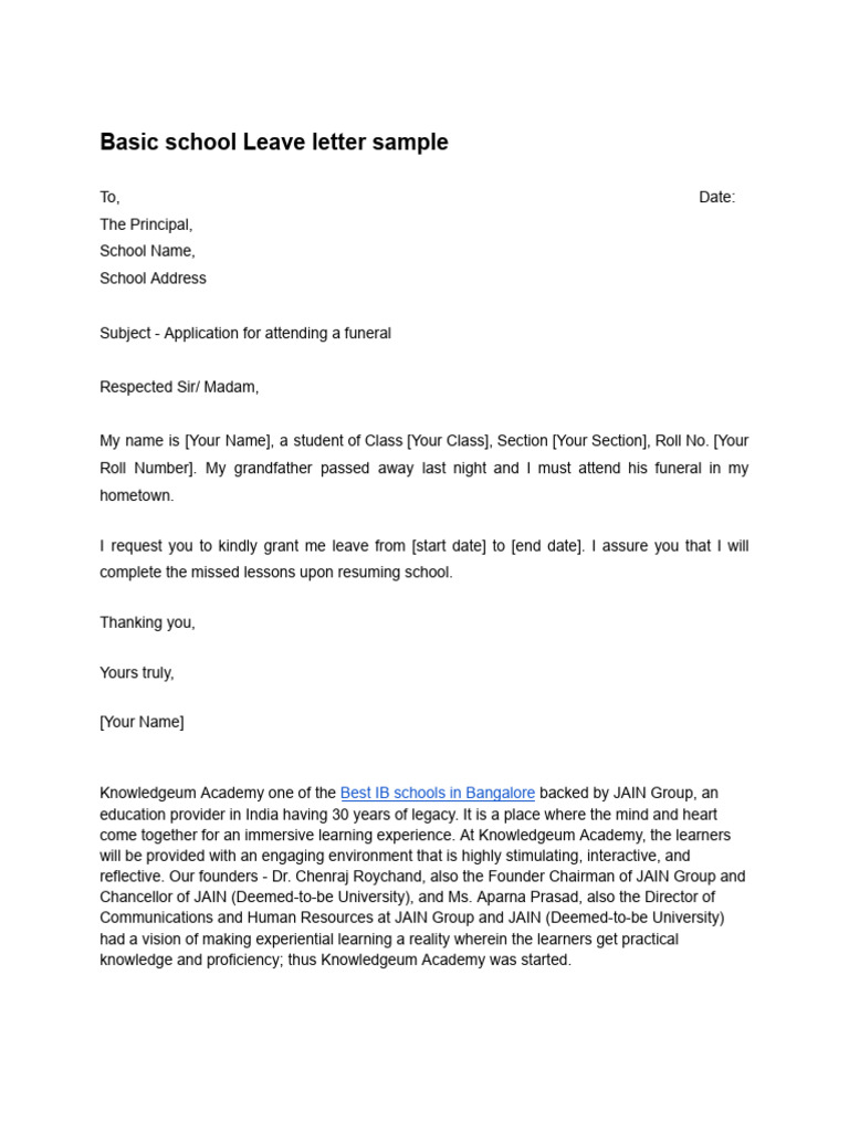 Basic School Leave Letter Sample | PDF | Wellness
