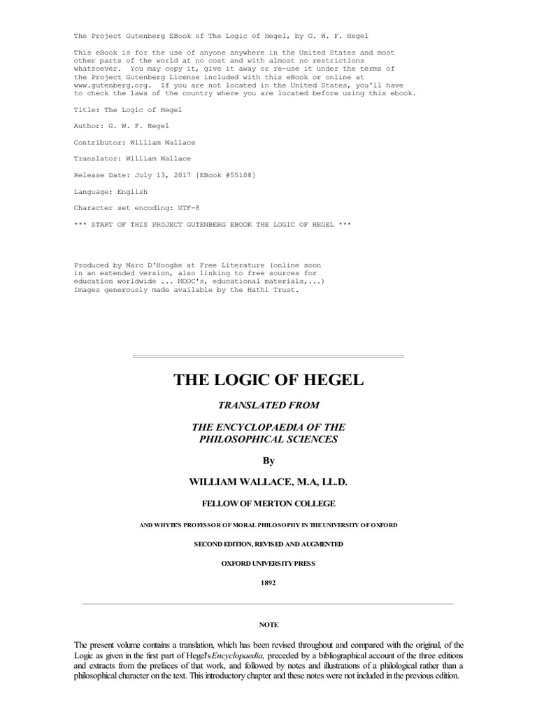 The Logic of Hegel by G W F Hegel and William Wallace - PDF Room | PDF | Thought | Georg Wilhelm ...