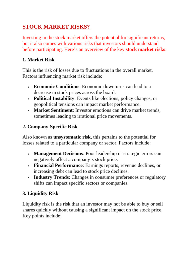 STOCK MARKET RISKS | PDF | Financial Risk | Stocks