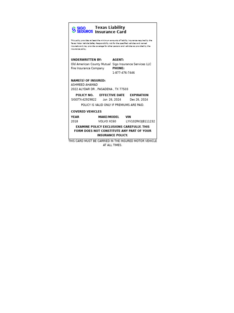 Texas Liability Insurance Card for Ashmeed | PDF | Business | Finance & Money Management