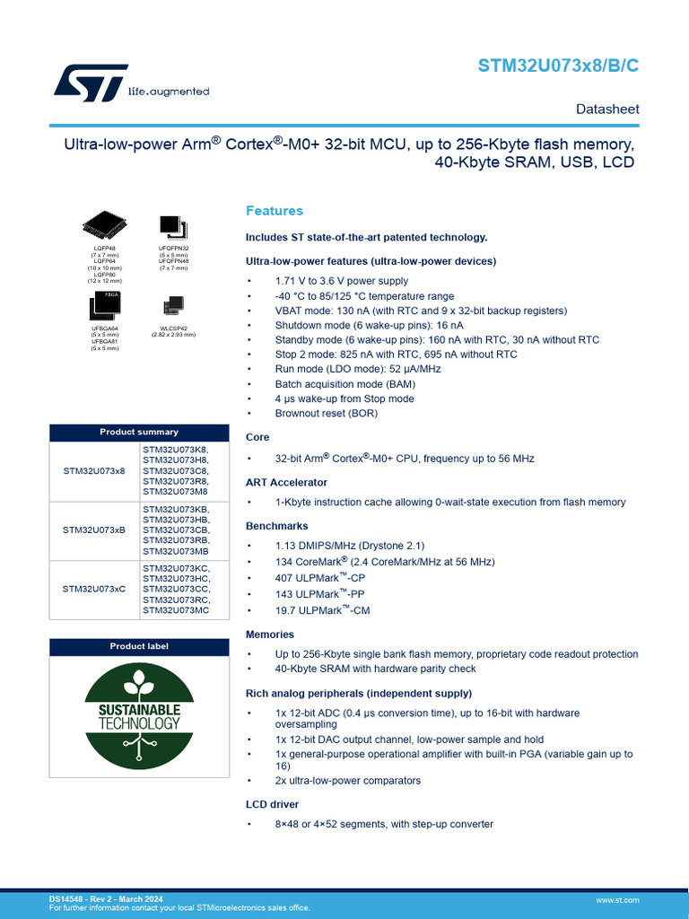 Ultra-Low-Power Arm Cortex - M0+ 32-Bit MCU, Up To 256-Kbyte Flash Memory, 40-Kbyte SRAM, USB ...