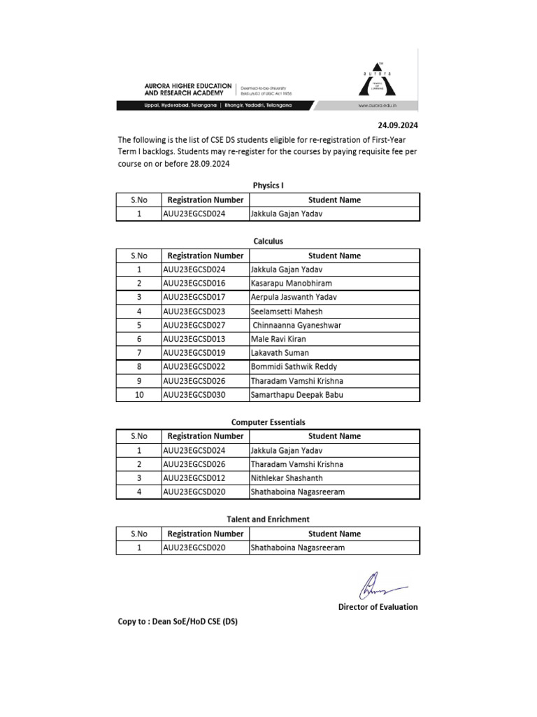CSE DS First-Year Re-registration List | PDF