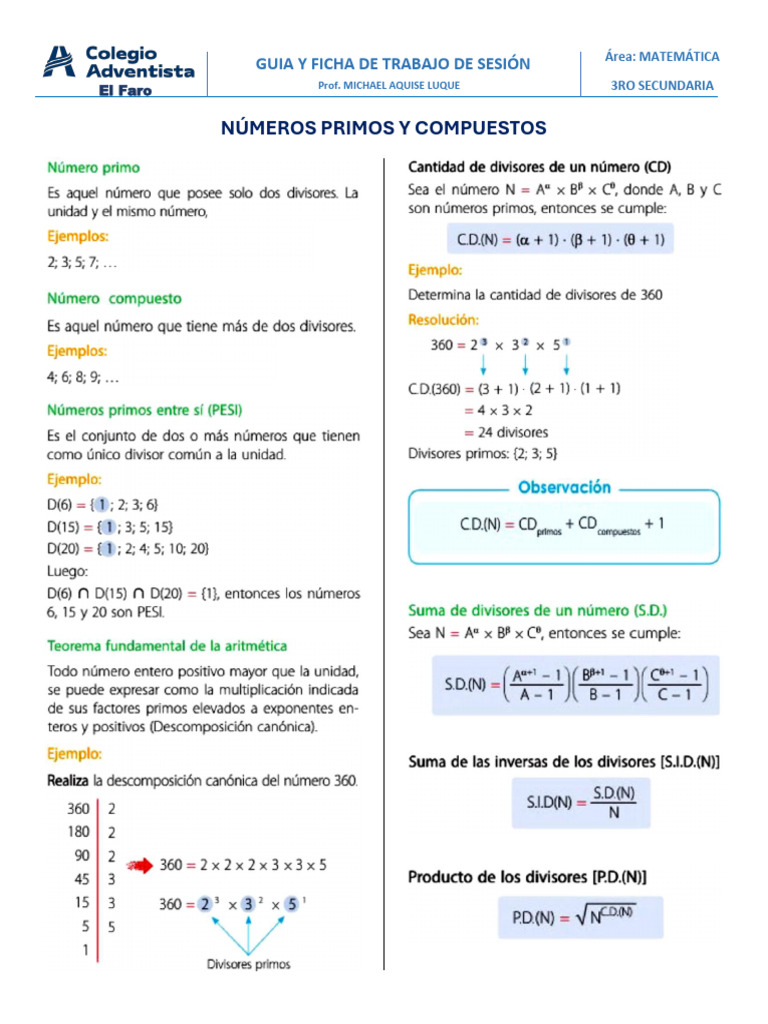 Números Primos y Compuestos - 3RO SEC | PDF