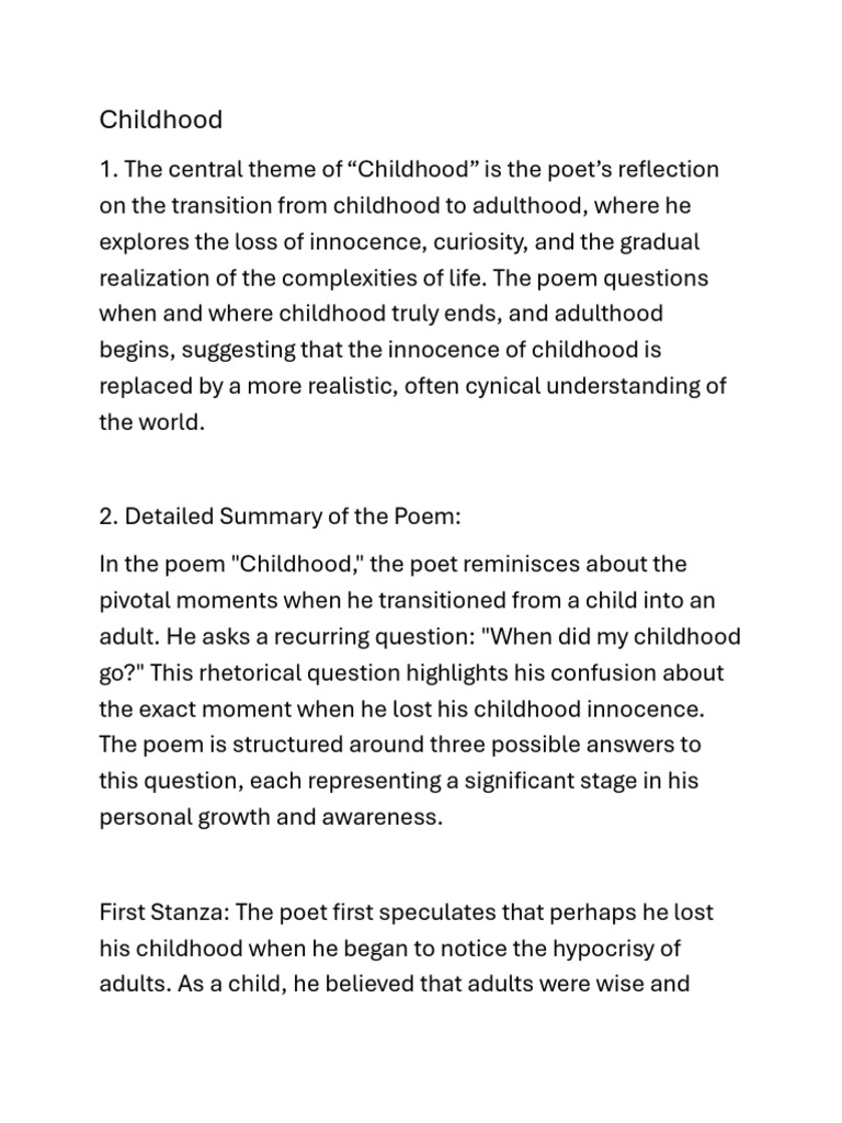 Childhood Poem Theme and Summary and Poetic Devices | PDF | Poetry