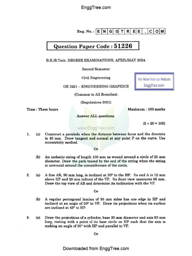 GE3251 Engineering Graphics Apr May 2024 Question Paper 1 Download | PDF