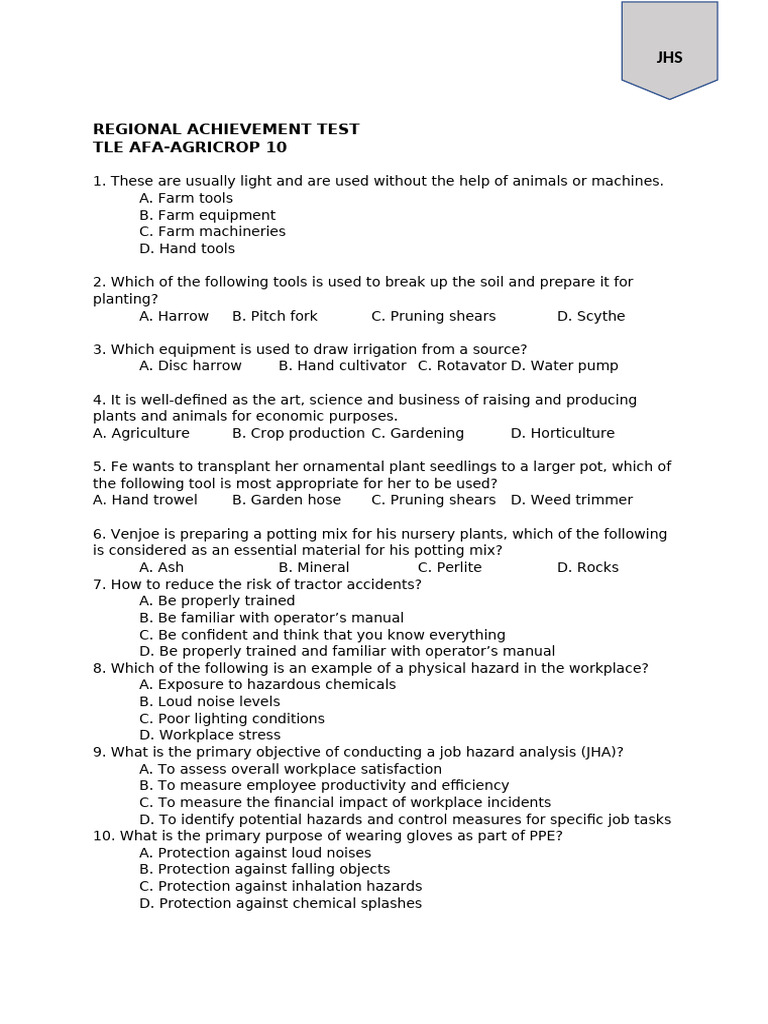REGIONAL ACHIEVEMENT TEST agri10 - Copy | PDF | Plant Nursery | Agriculture