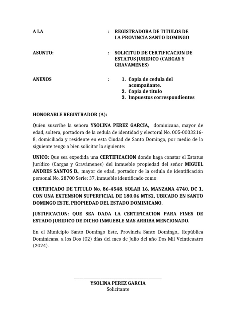 Instancia (Solicitud de Certificacion de Estatus Juridico (Cargas y ...