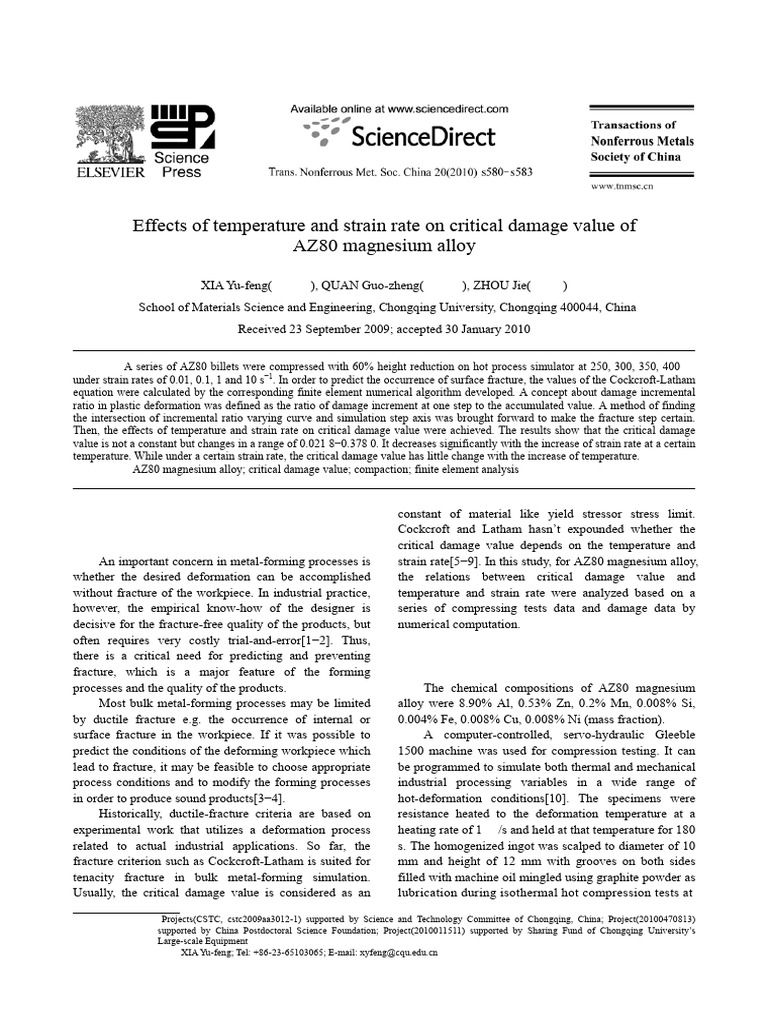 Effects of Temperature and Strain Rate On Critical Damage Value of AZ80 Magnesium Alloy | PDF ...