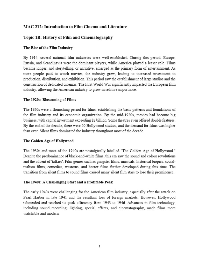 MAC 212 Lecture 1B History of Films | PDF | Mass Media | Video
