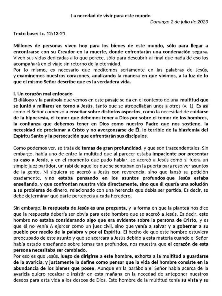 La Necedad de La Avaricia | PDF | Jesús | Pecado