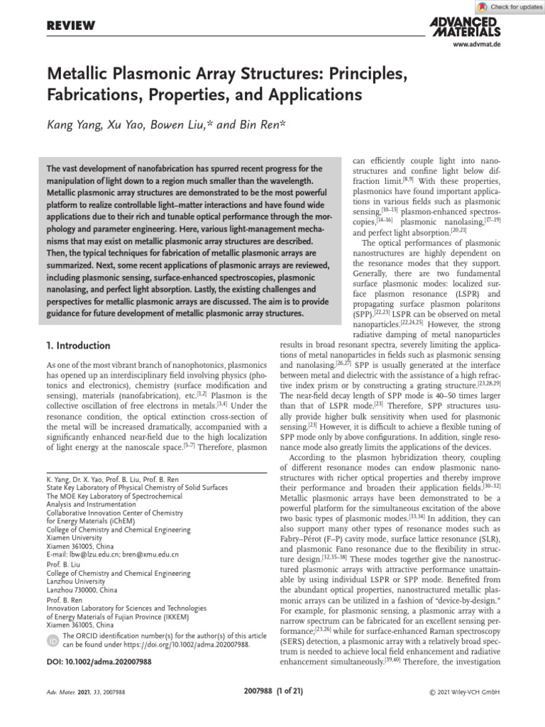 Metallic Plasmonic Arrays: Principles & Applications | PDF | Plasmon ...