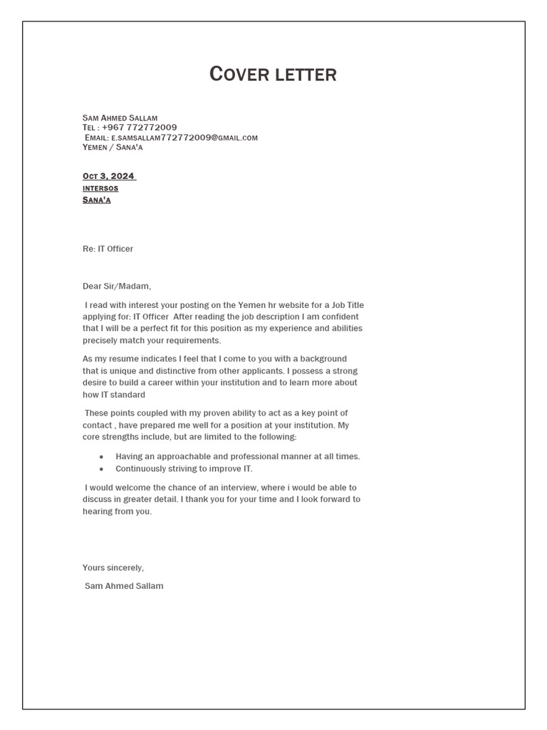 Sam Sallam-Cover Letter - IT Officer | PDF | Career & Growth